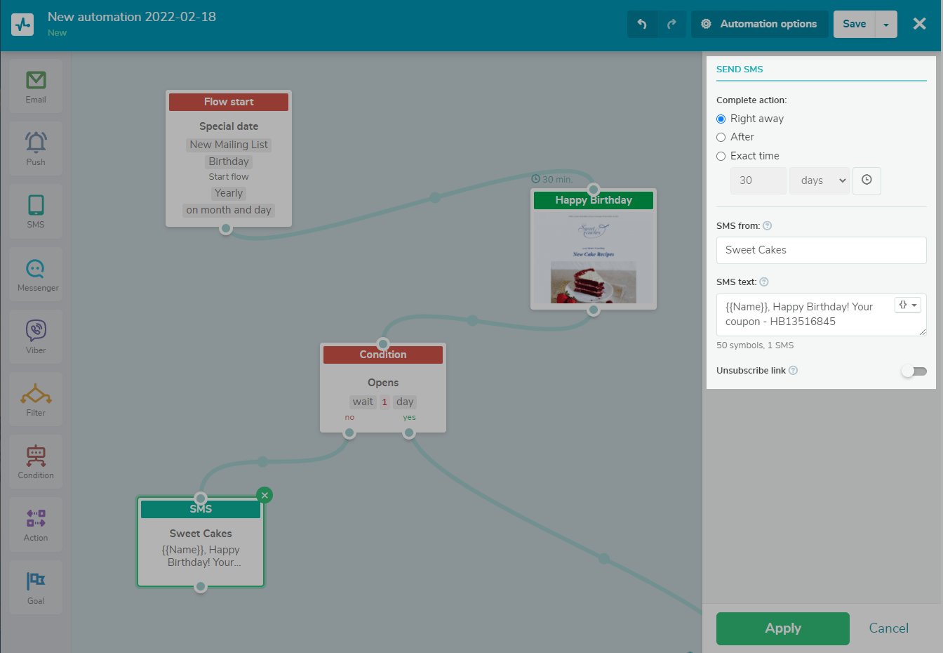 "SMS" Element in Automation 360 | SendPulse