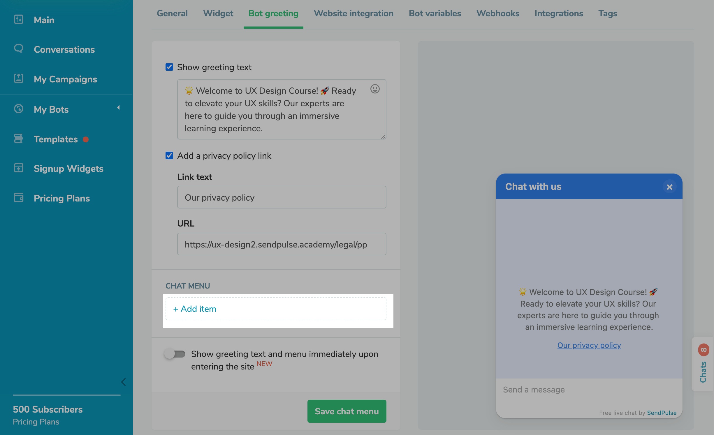How to add a welcome menu to your Live chat | SendPulse