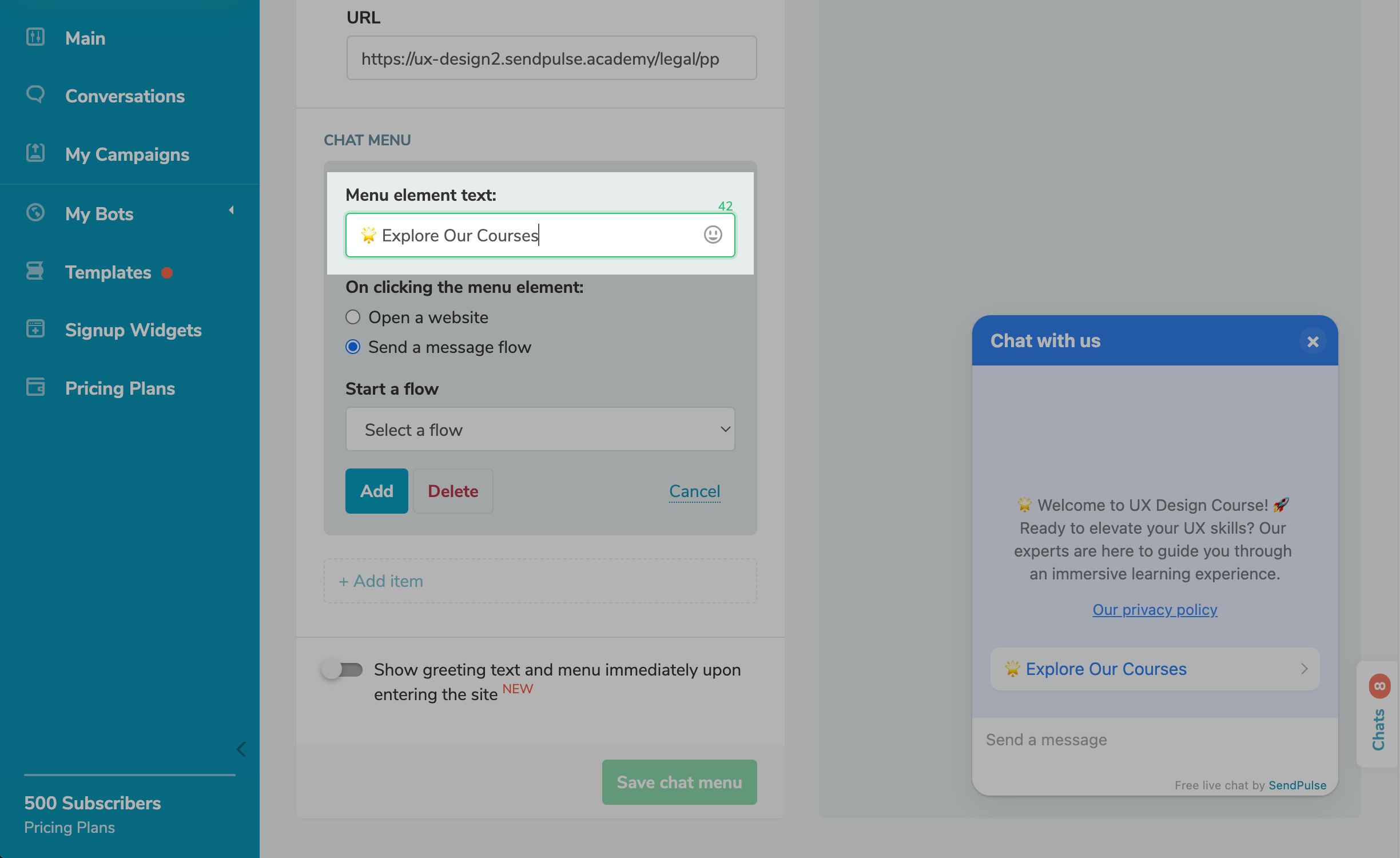 How to add a welcome menu to your Live chat | SendPulse