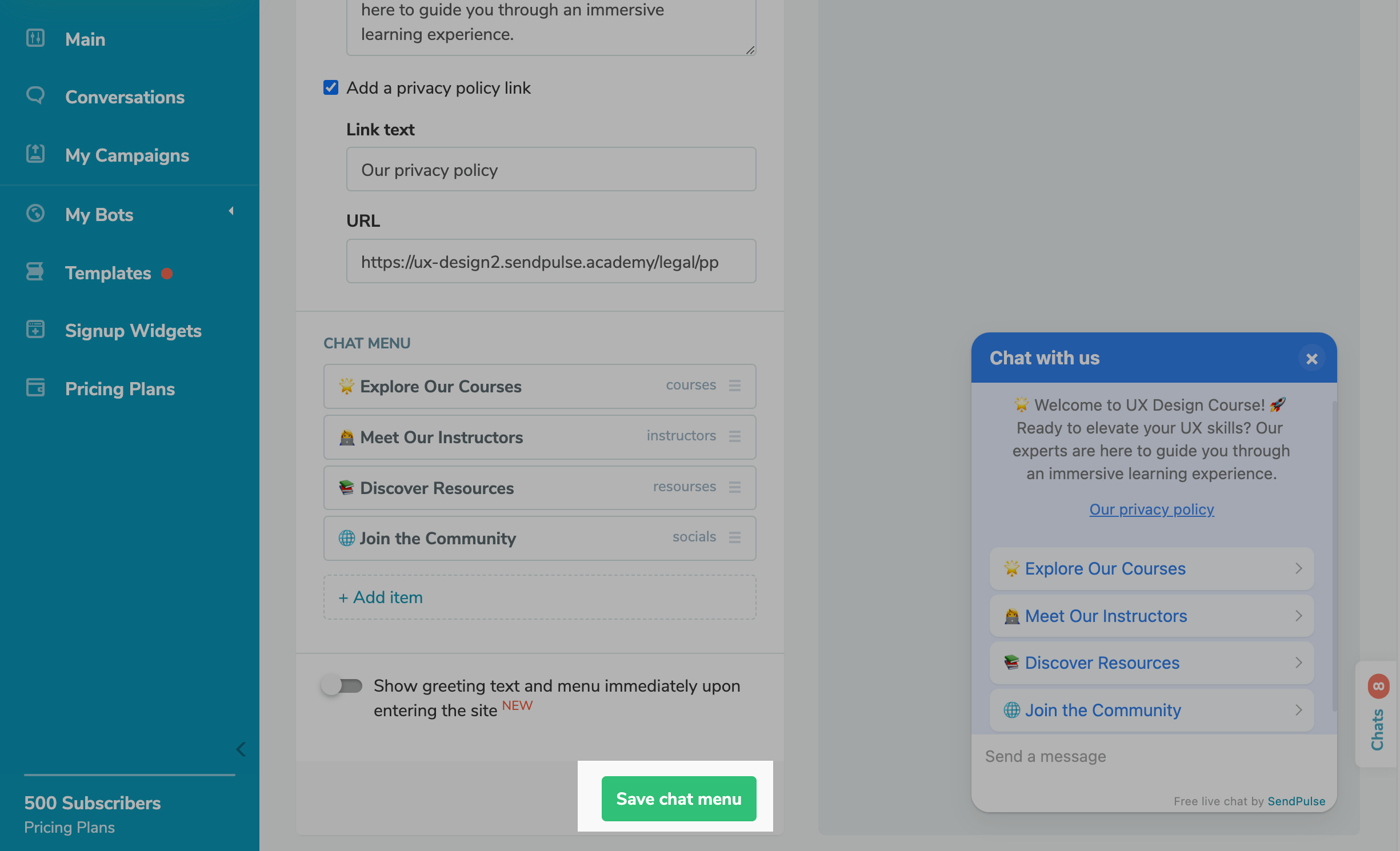 How to add a welcome menu to your Live chat | SendPulse