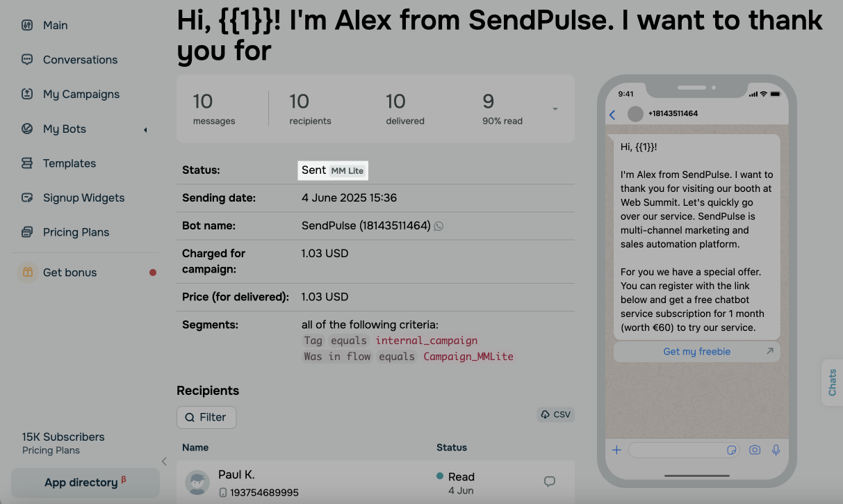 Send marketing messages using MM Lite API | SendPulse