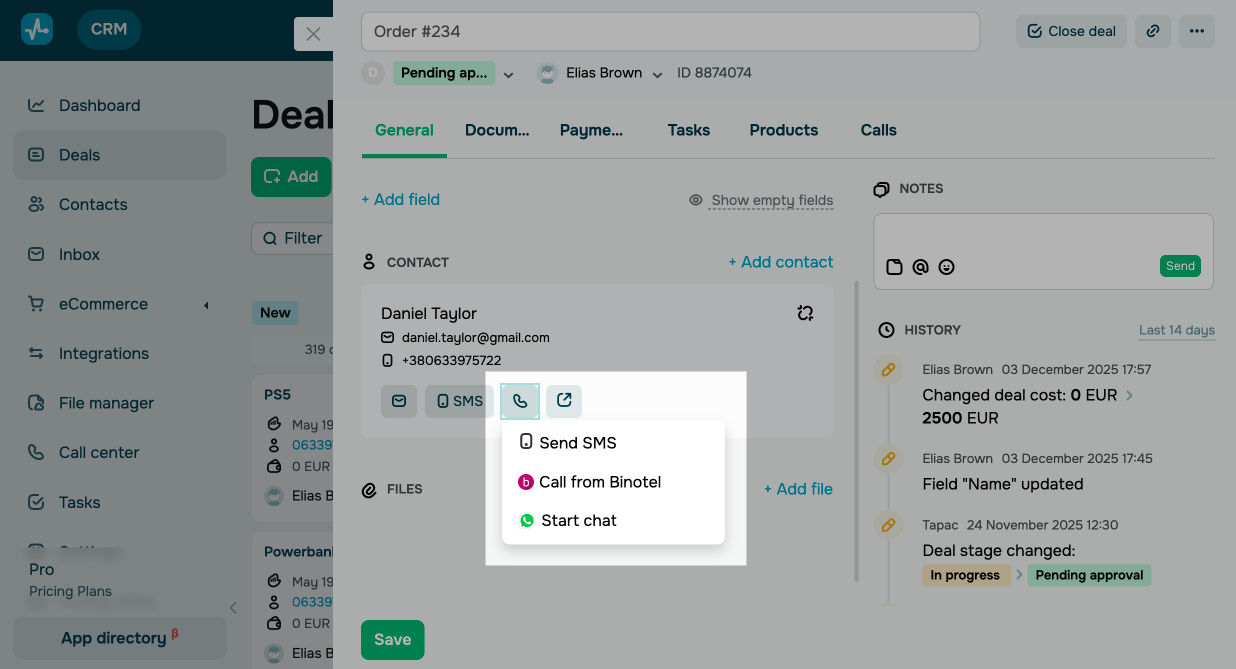 Use telephony in CRM | SendPulse