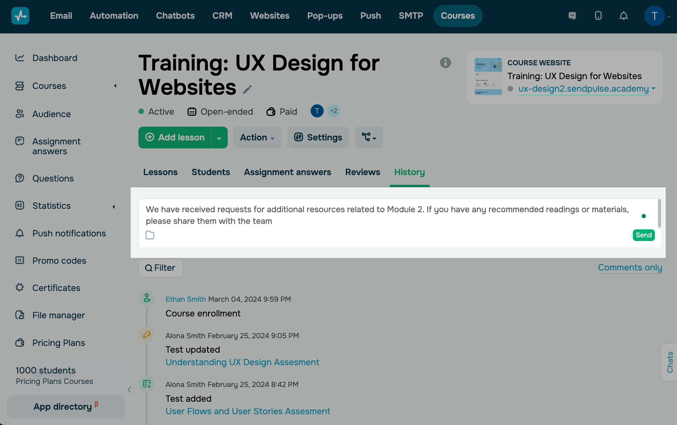 How to work with course history and comments | SendPulse